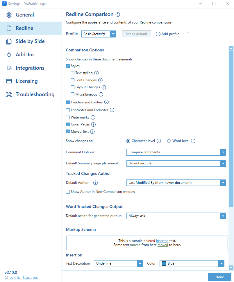 Redline comparison settings – Draftable