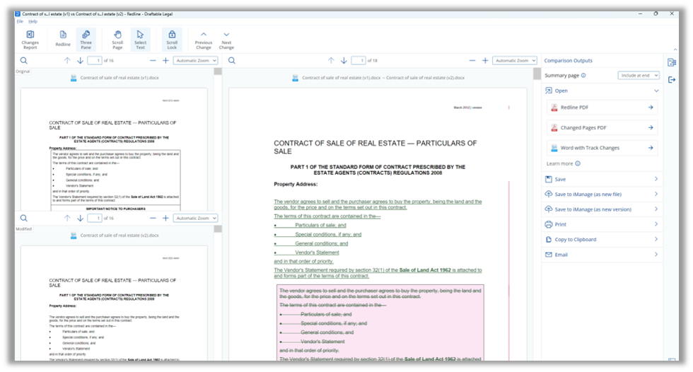 Three-Pane View: See changes in context with older, newer and redlined documents in one screen ...